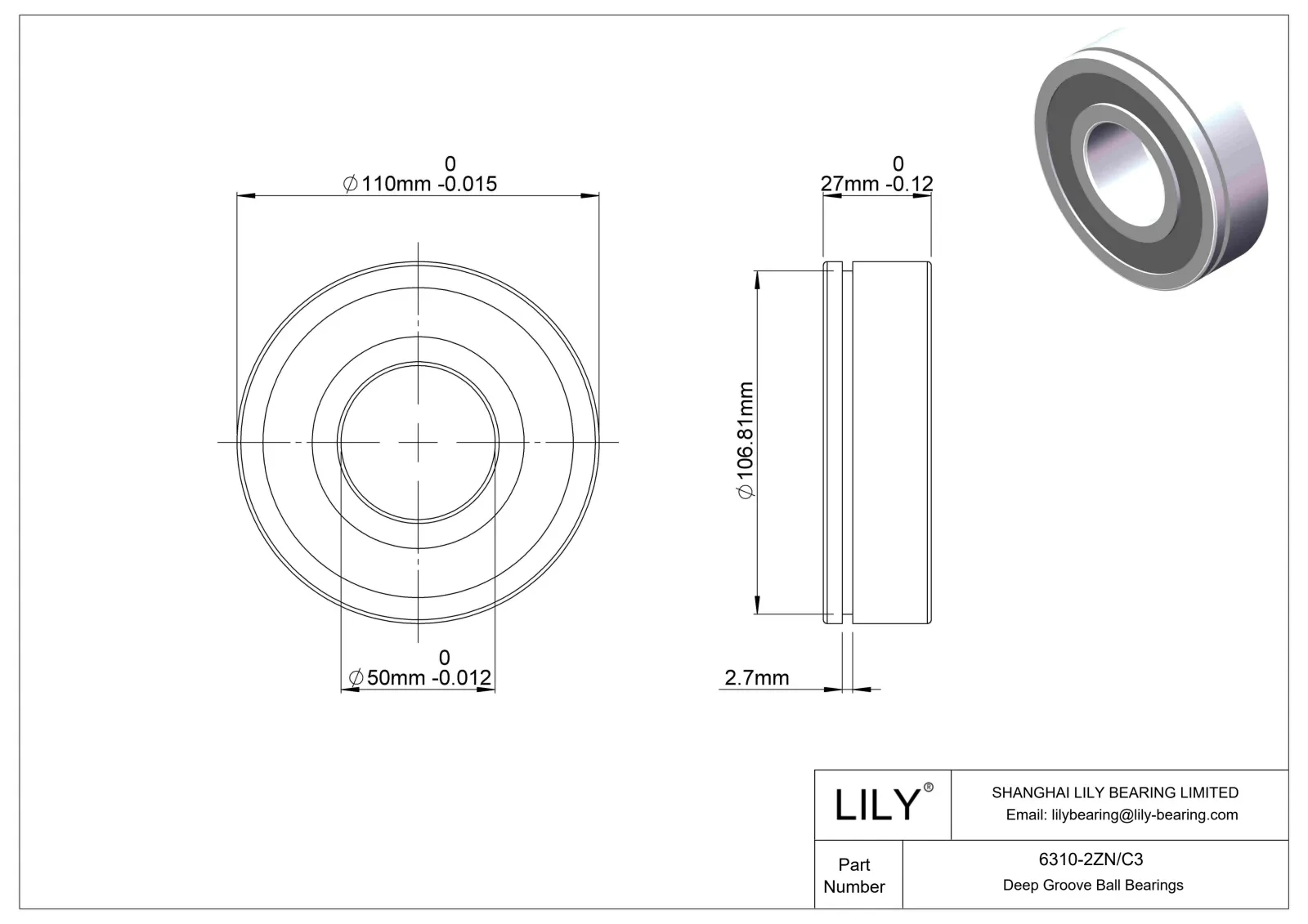 6310-2ZN/C3 | Snap Ring Groove Ball Bearings - SKF | LILY Bearing