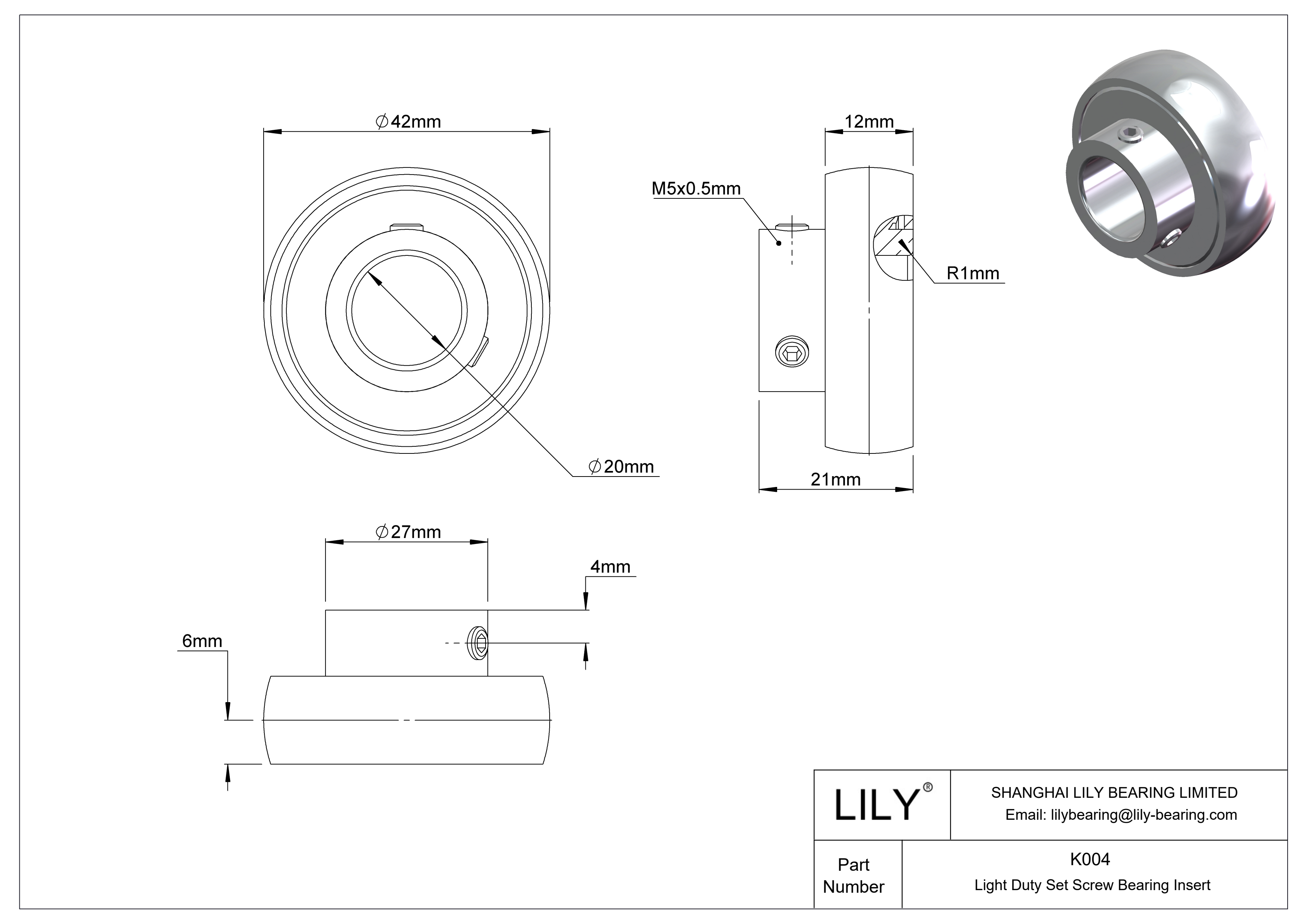 K004 | Light Duty Set Screw Bearing Insert - AMI | LILY Bearing