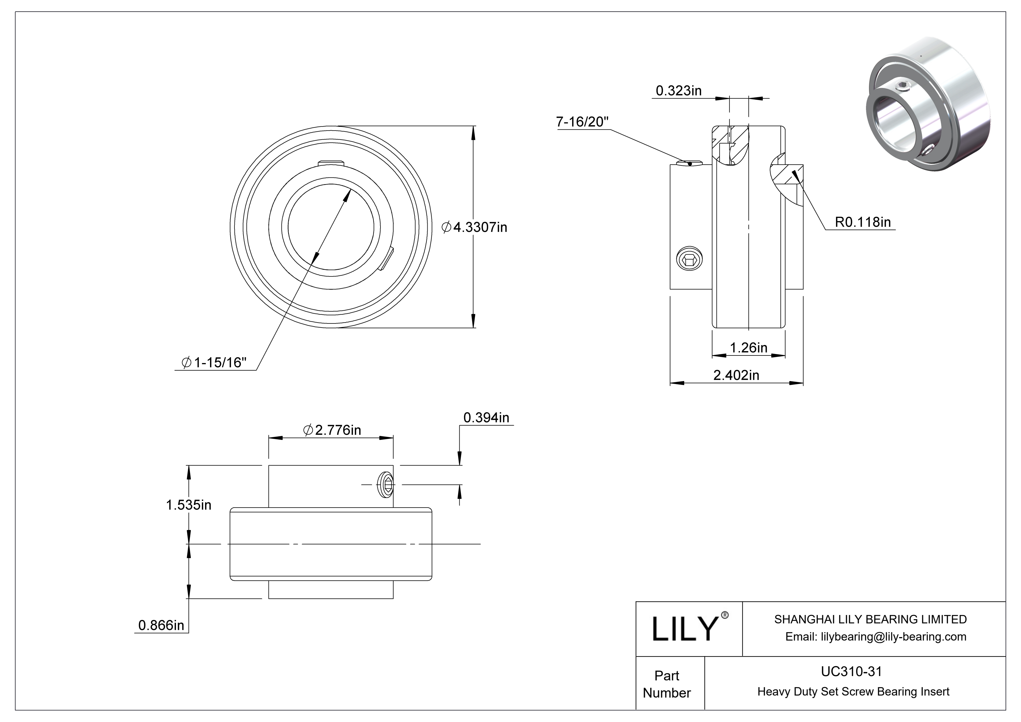 UC310-31 | Heavy Duty Set Screw Bearing Insert - AMI | LILY Bearing